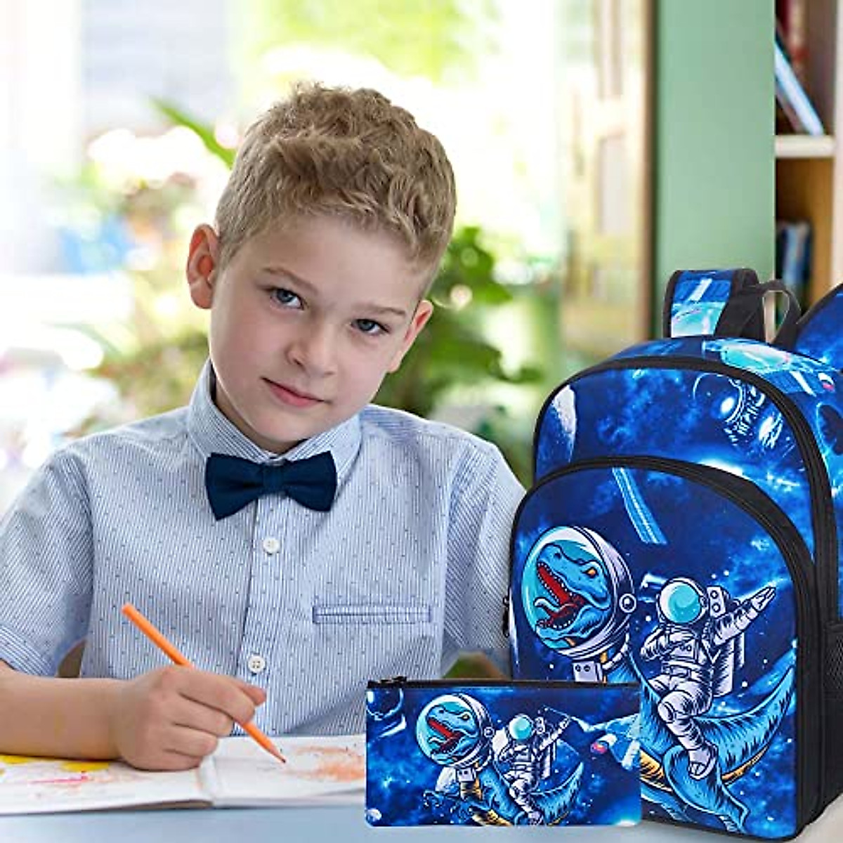 KLFVB 3PCS Dinosaur Backpack for Boys, 16" Kids Bookbag and Lunch Box, Preschool Backpacks for Elementary Students