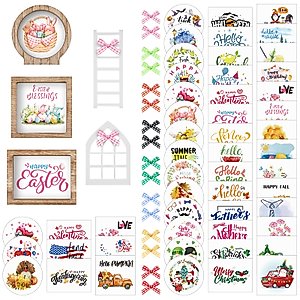 Bencailor 48 Pcs Interchangeable Seasonal Farmhouse Tiered Tray Decor Set Include Wood Frames with Ladders Cards Bow Knot,Tray Not Included(Year Round Seasonal)