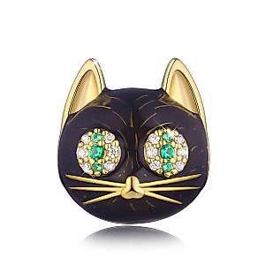 FOREVER QUEEN Black Cat Charm in 925 Sterling Silver with Black Enamel& 5A Zircon for Bracelet Necklace, Animal Head Bead Charm- Your Lucky Cat Women Men Boys Gifts