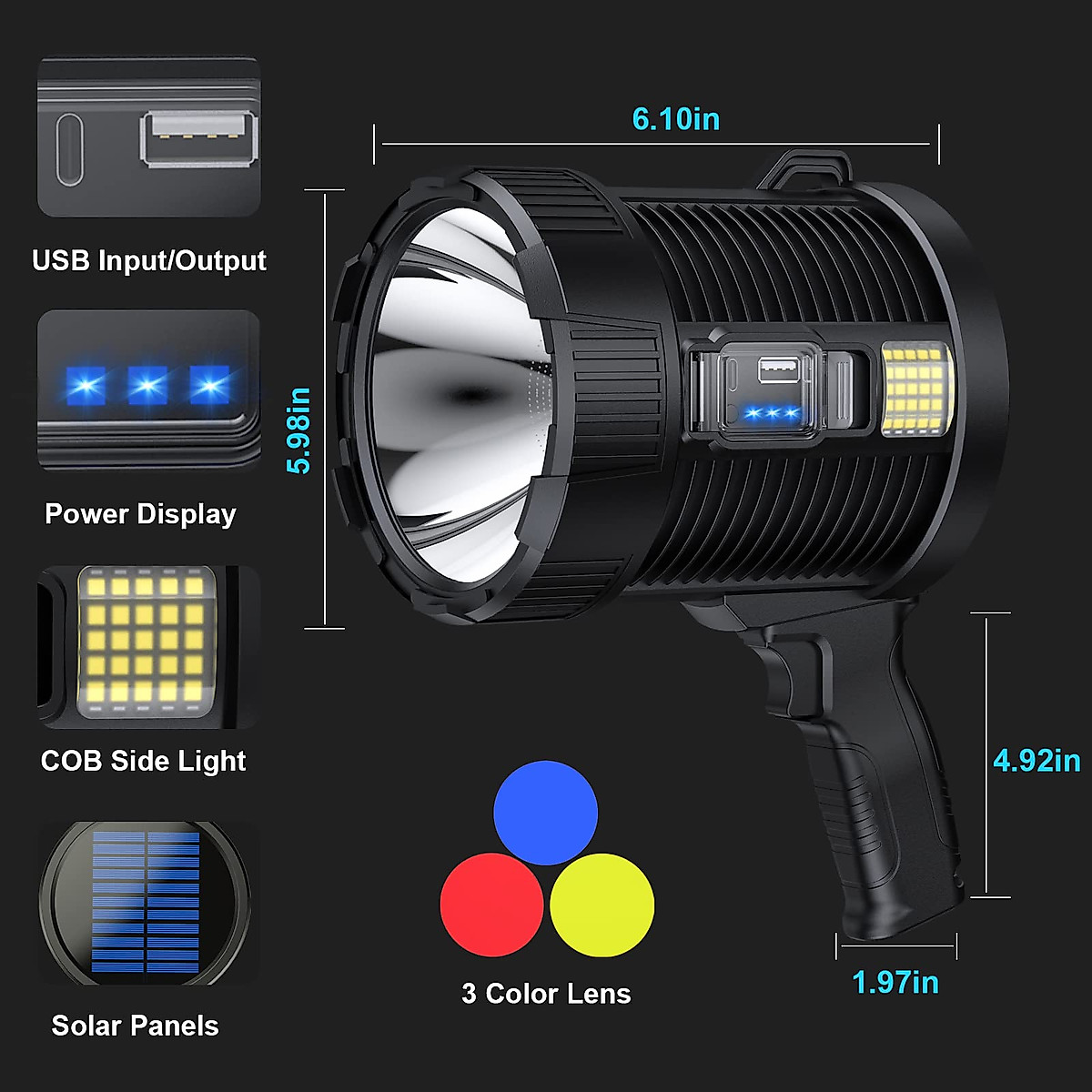 NiaoChao Rechargeable Spotlight, 990000 Lumens Led Spot Lights Handheld Large Flashlight Super Bright Outdoor Solar Spotlights Searchlight with Cob Light, 6 Modes, IPX5 Waterproof