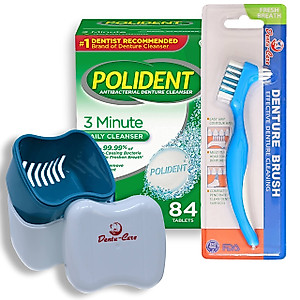 Polident 3 minutes Denture Cleaner 84 Tablets Bundle Dentu-Care Denture Case and Brush | Easy To Maintain Good Clean Full/Partial Dentures Mouthguards | No More Spongy Painful Gums