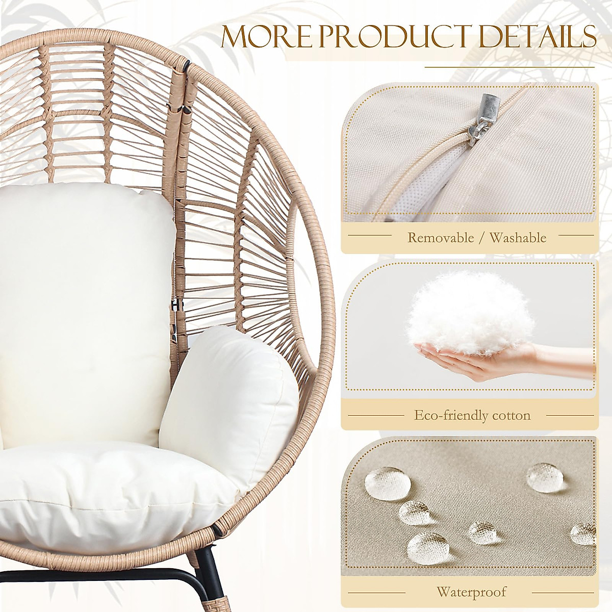 Brafab Stationary Egg Stand, Oversized Large Wicker Lounger with 8" Thick Cushion and 500 lbs Capacity, Heavy Duty Steel Frame, Rattan Basket Chair for Outdoor Patio Backyard (Natural), Cross Weave