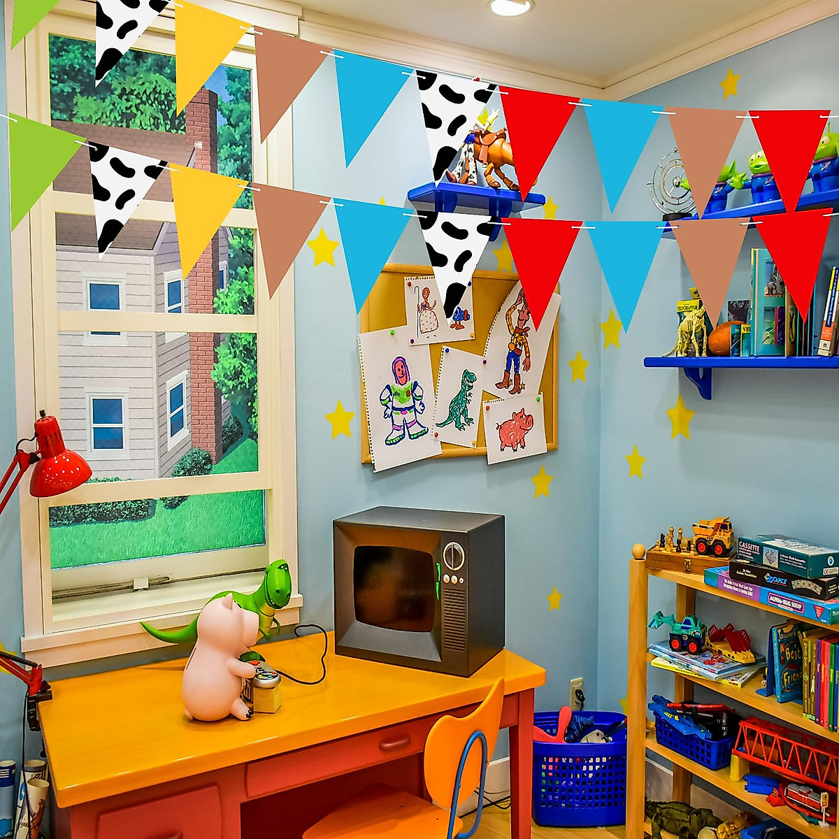 Smoothnovelty 45 ft Cartoon Story Party Decorations Red Blue Yellow Toy Themed Birthday Banner Flags Cloud and Cow Print Rainbow Triangle Pennant Flag Garland for Baby Shower Party Decor
