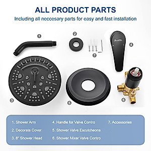 SHAMANDA Luxury Shower System with Valve, Shower Faucet Sets Complete with 6-Spray Shower Head and Handle, Single Function Shower Trim Kit Matte Black, L808-7
