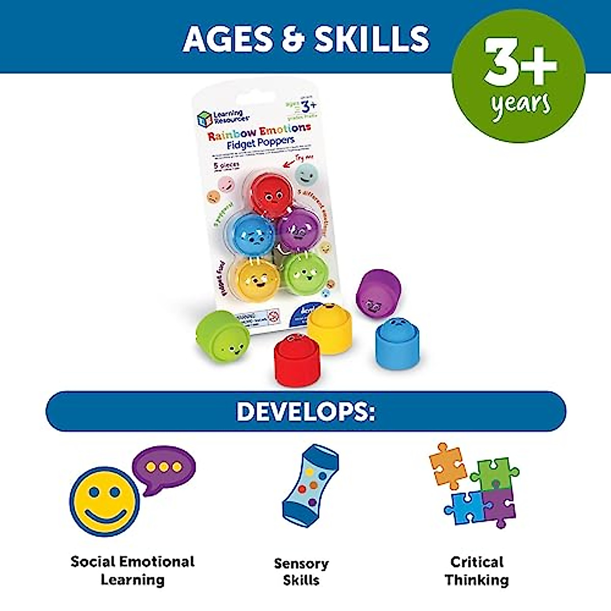 Learning Resources Rainbow Emotion Fidget Poppers, 5 Pieces, Ages 3+, Sensory Toys, Social-Emotional Learning,Sensory Toys for Toddlers,SEL Skills,fine Motor Skills