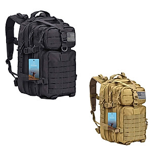 Prospo 40L Military Tactical Shoulder Backpack Assault Survival Molle Bag Pack Fishing Backpack for Tackle Storage (Black + Khaki)