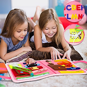 Busy Board Montessori Toy for 1 2 3 4 Year Old Toddlers Sensory Activity Board for Basic Dress Fine Motor Skills Travel Toys with Handle for Kids Car Rides Air Plane Travel Preschool Play(Pink)