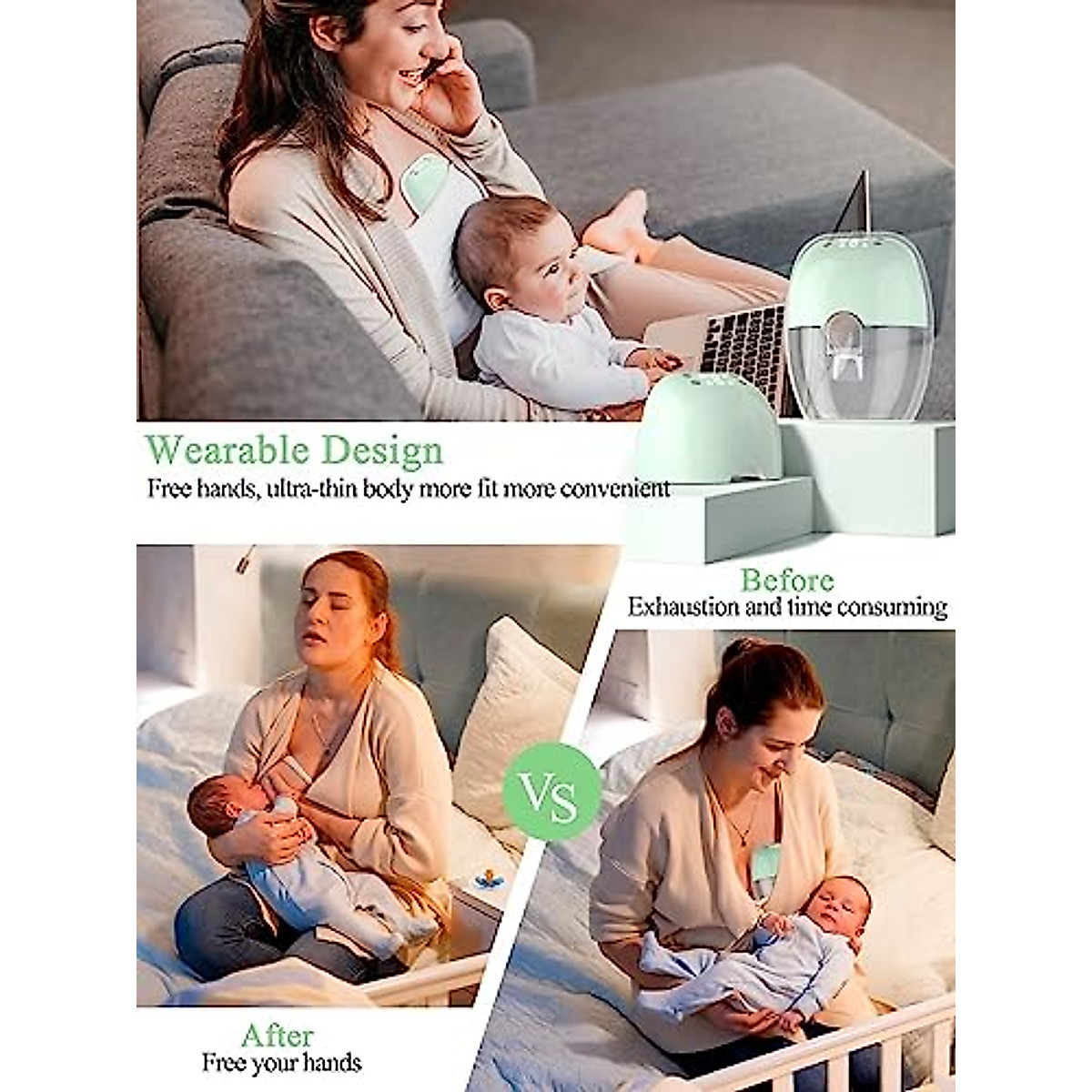 Wearable Breast Pump, 2 Pack Double Wireless Pump with Comfortable Double-Sealed Flange, 3 Modes & 9 Levels Electric Pump Portable, Smart Display, 24mm