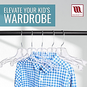 Mainetti 5075 Clear Plastic Hangers - 10 Pack with 360 Swivel Metal Hook and Notches for Straps, Great for Children's Shirts/Tops/Dresses, 12 Inch