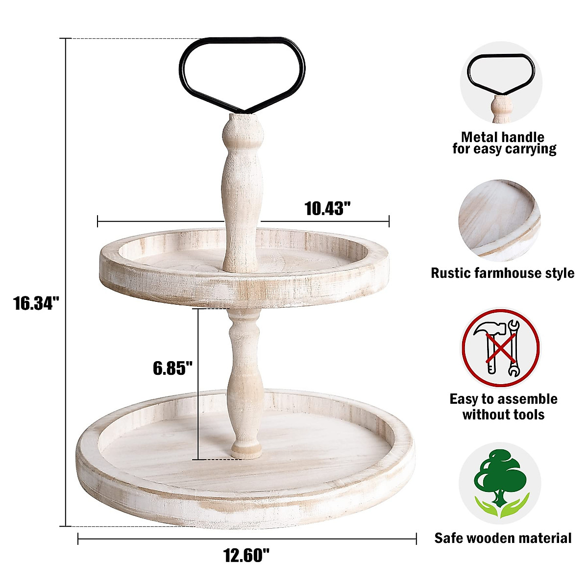 Mustry Rustic Wooden 2 Tiered Tray, Round Farmhouse Kitchen Table Decor Serving Tier Tray, Food Fruits Cupcake Display Coffee Bar Home Party Seasonal Decorations (White)