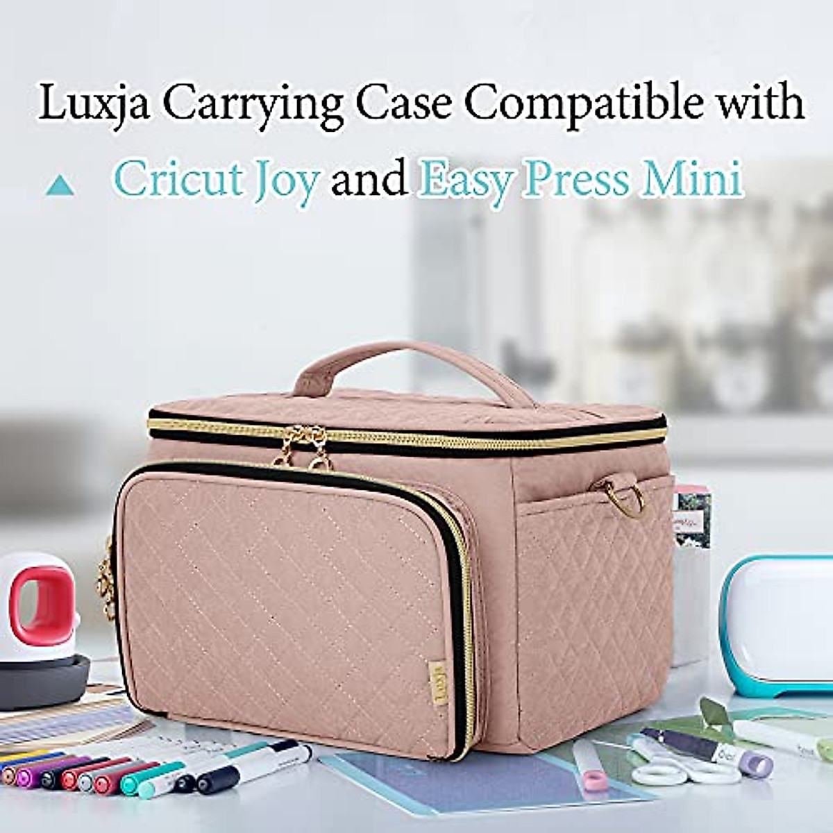 Luxja Carrying Case Compatible with Cricut Joy and Easy Press Mini, Carrying Bag with Supplies Storage Sections, Pale Rose