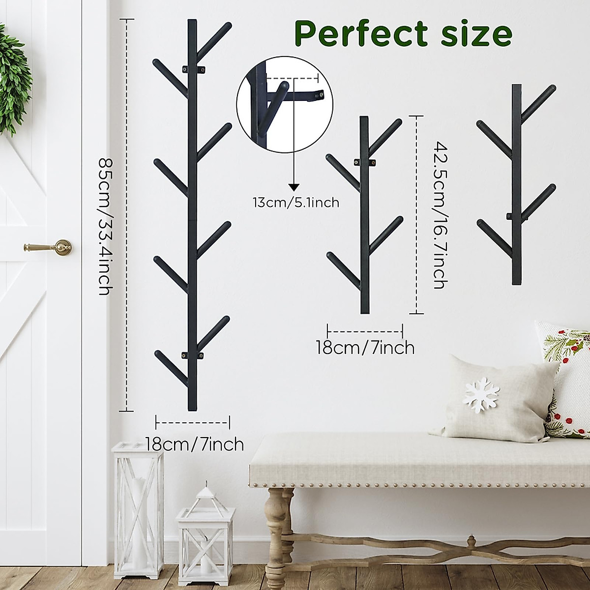 Sinytar Black Coat Rack Wall Mount Set of 2, Hat Rack for Wall, Modern Design Floating Coat Rack, Coat Tree for Clothes, Scarves, Bags, Caps, Metal Vertical Hooks for Living Room, Bedroom, Entryway