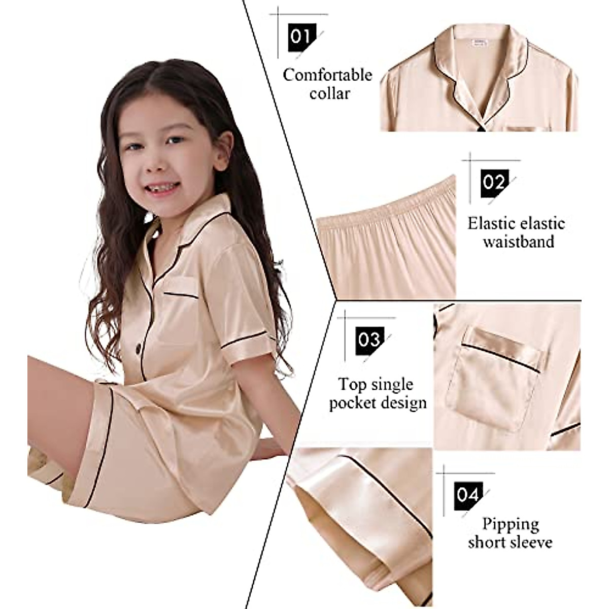 SWOMOG Kids Satin Pajamas Sets Girls Boys Button-Down Pjs Short Sleeve Silk Nightwear 2 Piece Lounge Sets