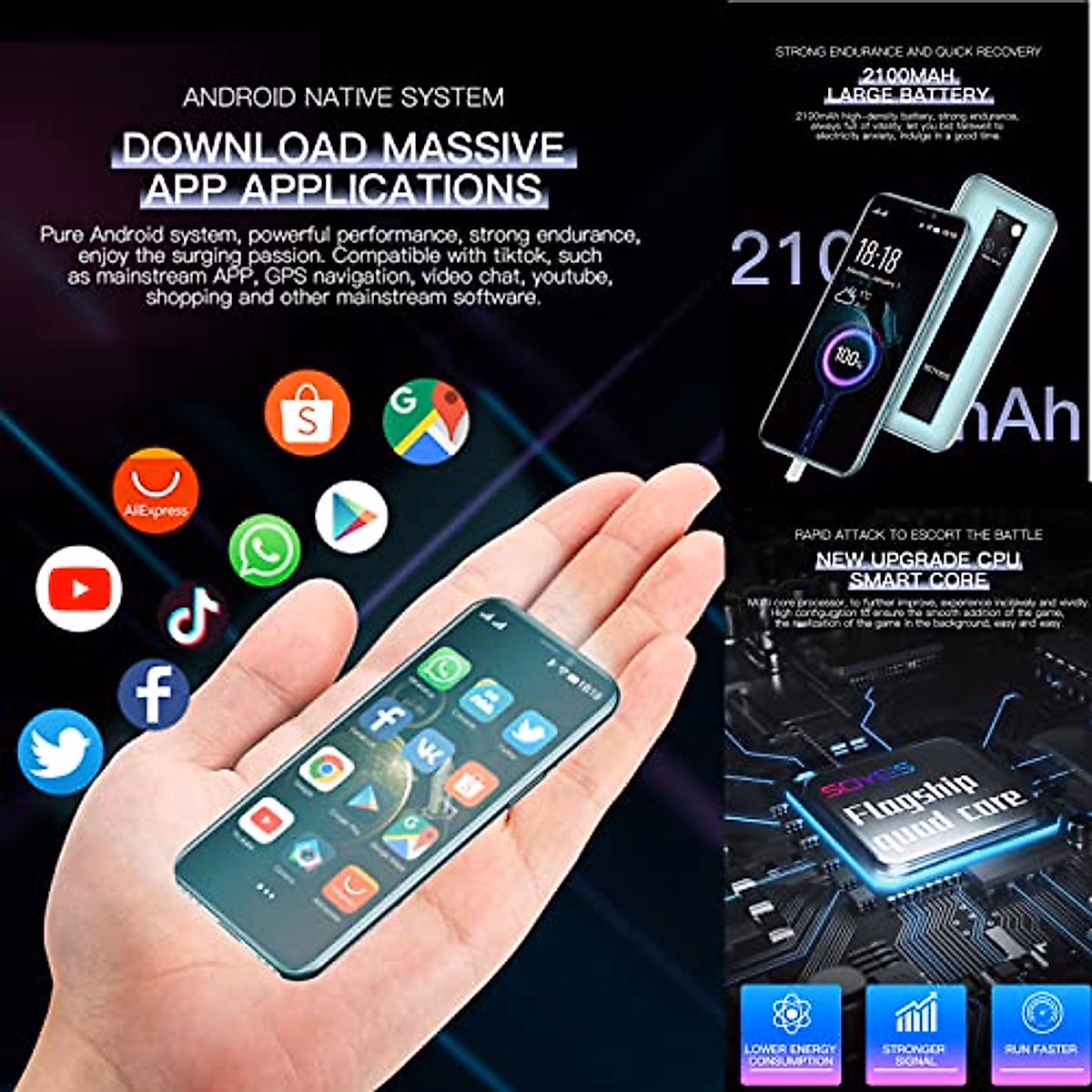 SOYES S10H Mini 4G Card Smartphone Unlocked RAM 3GB ROM 32GB Android 9.0 Ultra-Thin 3.49 Inch K13 Dual Sim 4G Student Mobile Phone Face Recognition Google (Black 3GB+64GB)