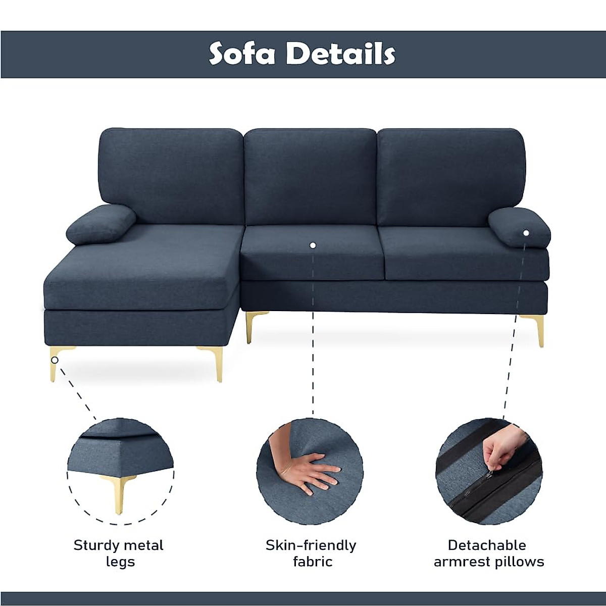 KoiHome 79.5" Left Hand Facing Sectional Sofa Couch with 2 Detachable Armrest Pillows, Modern Fabric 3-Seater L Shape Chaise with Metal Legs for Living Room,Apartment,Office, Polyester, Navy Blue