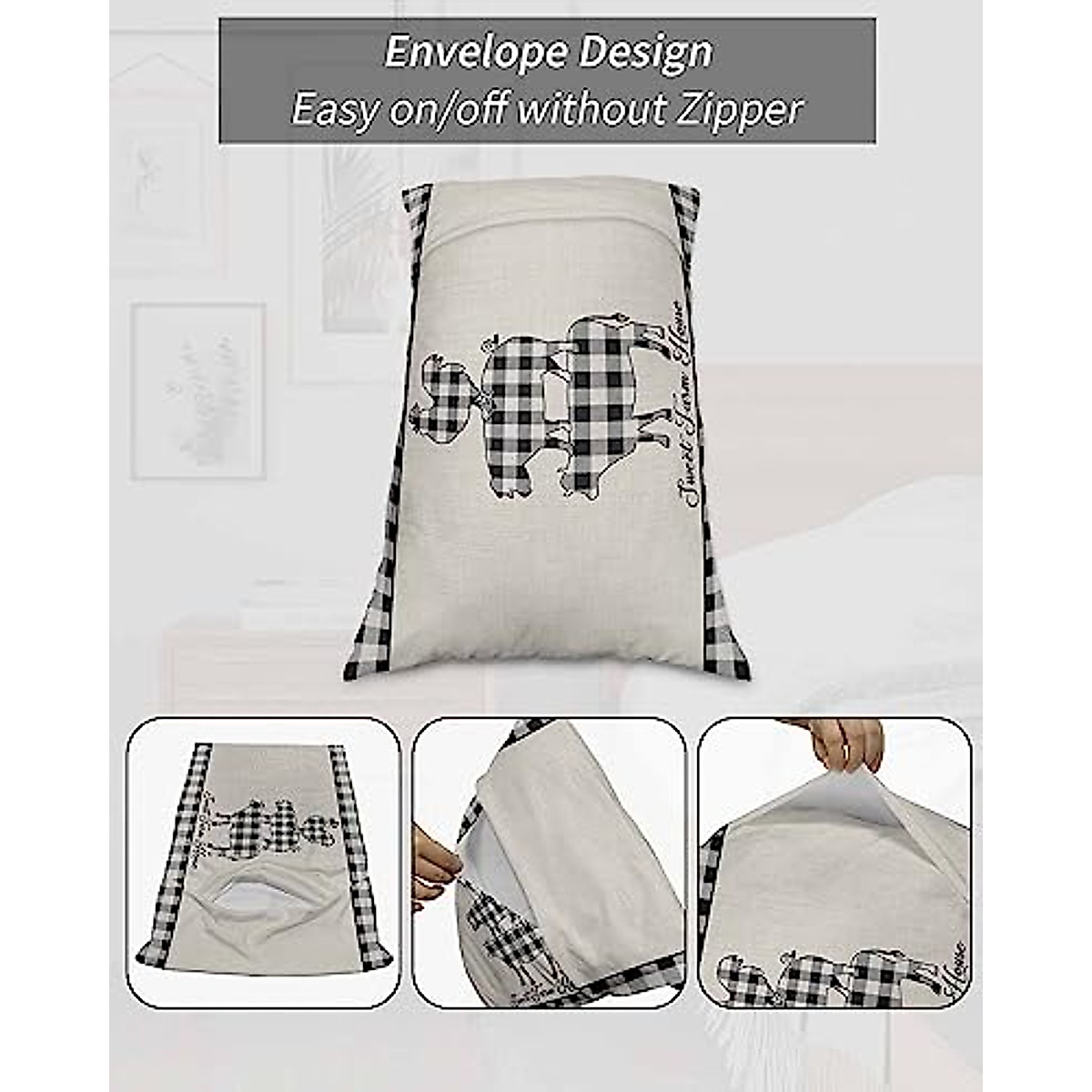 Edwiinsa Farmhouse Pig Cow Rooster Pillow Covers Standard Size Set of 2 20x26 Bed Pillow, Rustic Black White Plaid Burlap Plush Soft Comfort for Hair/Skin Cooling Pillowcases with Envelop Closure