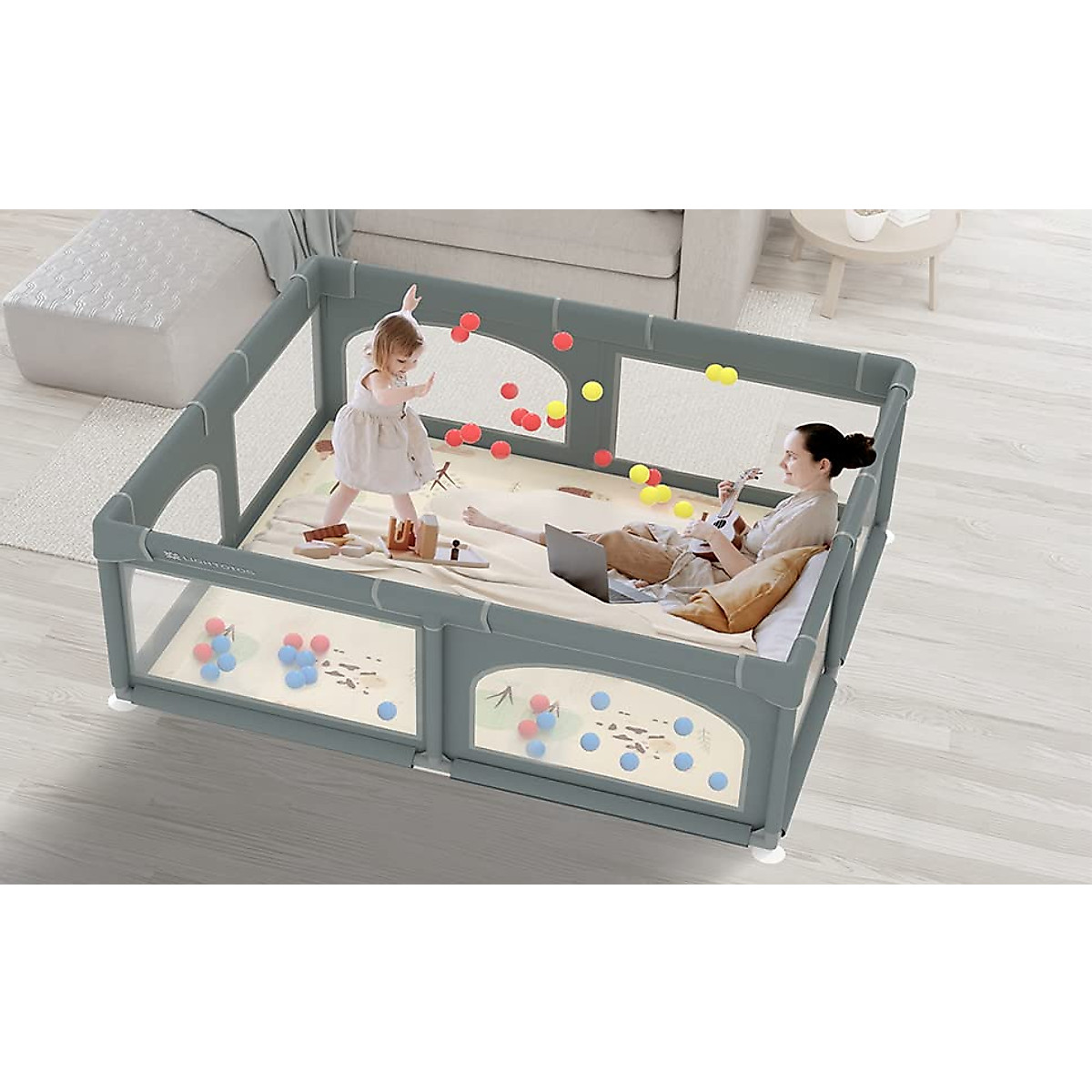 LIGHTOTOS Extra Large Baby Playpen with Mat-50 Balls-8 Hand Holds, 71x61x27 Inches Big Toddler Playpen with Carry Bag, Safety Play Yard for Infants Activity Grey