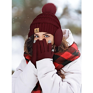 Winter Hat Scarf Gloves and Ear Warmer, Knit Warm Beanie Hat Touch Screen Gloves Long Knitted Plaid Scarf Set Gifts for Women Wine Red