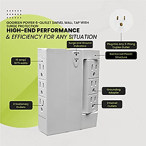 Go Green Power (GG-16310TSW) 6 Outlet Swivel Wall Tap with Surge Protection, White