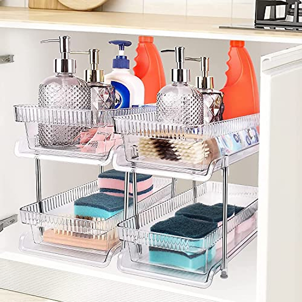 2 Tier Clear Pull Out Organizers and Storage - Snack Organization for Pantry w Lids/Dividers, Slide-Out Under Sink Organizer for Bathroom and Kitchen, Cabinet/Countertop Acrylic Drawers Medicine Bins