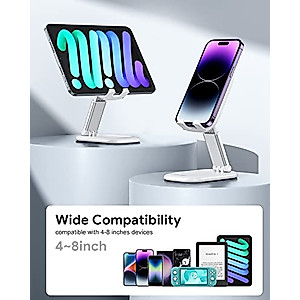 OMOTON Foldable Cell Phone Stand, Fully Portable Phone Stand for Deak Cell Phones Accessories, Height Adjustable Mobile Phone Holder Stand with Charging Hole, Compatible with All Smart Phones, White