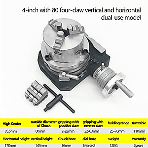 KACOME 4/6 inch 3-jaw Chuck milling Machine Indexing Head Rotary Table Universal Indexing Dials Rotary Vertical Horizontal(4 (80mm Four-jaw))