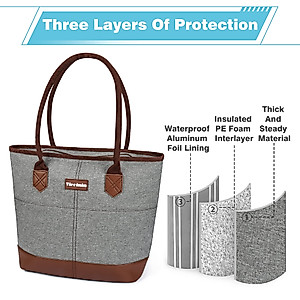 Tirrinia Large Insulated Lunch Tote Bag for Women, Cute Waterproof Leakproof Cooler Bag with Zipper for Work, Beach, Adult Shopping Grocery Bags for Frozen Food - Grey
