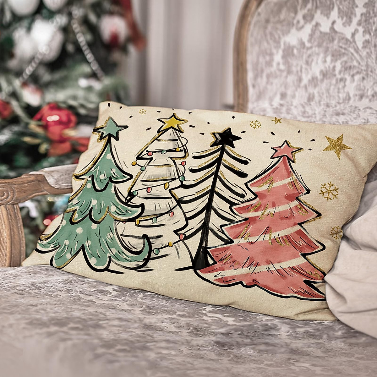 Fjfz Christmas Tree Lumbar Decorative Throw Pillow Cover 12 x 20, Rectangular Pink Green Xmas Polka Dot Stripe Snowflake Outdoor Home Decor, Golden Stars Winter Holiday Seasonal Farmhouse Cushion Case