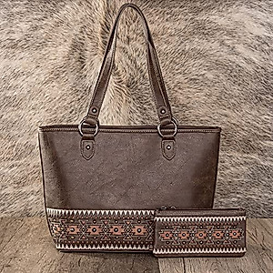 American Bling Tote Bag for Women Western Shoulder Bags Top Handle Satchel Vegan Leather Purse and Handbag 2 PCS Set with Wallet Coffee SC-ABT-G1005CF+W