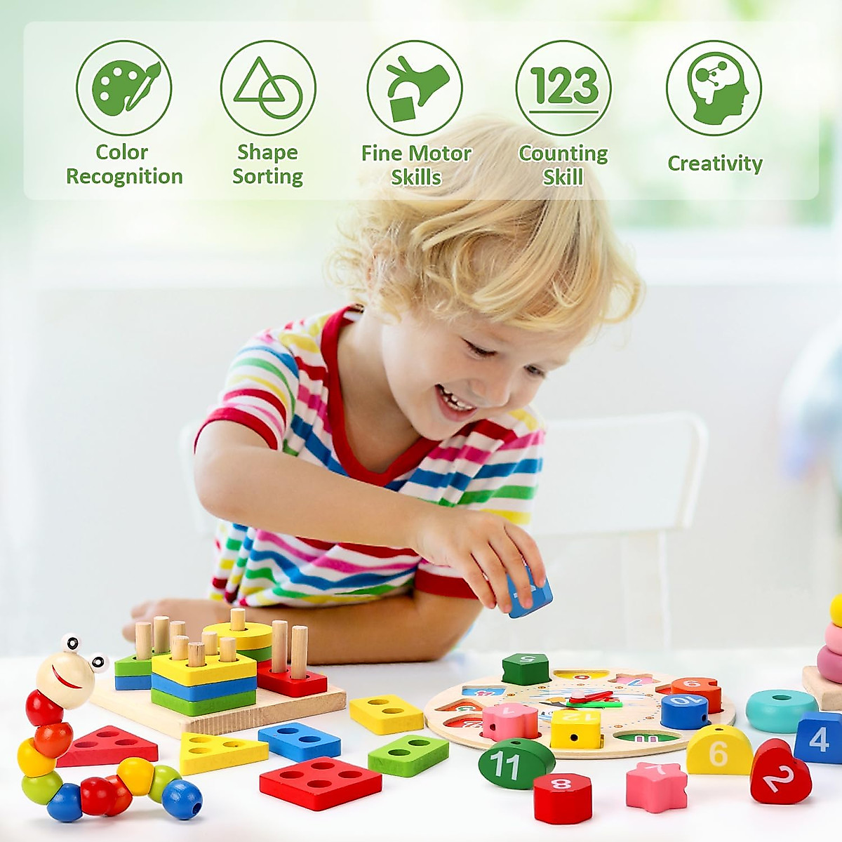 Qizebaby Montessori Toys for 2 Year Old Boys Girls, 6PCS Kids Wooden Toys, Baby Boy Toys 3-6 Year Old, Preschool Educational Learning Toy for Kids Ages 3 4 5 6+, Birthday Gifts