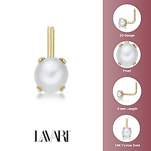 Lavari Jewelers 3 mm Fresh Water Pearl 20 Gauge L-Shape Nose Stud for Women - 14k Yellow Gold Nose Ring - Unisex Stud Hypoallergenic Nostril Piercing Jewelry - 20G Body Piercing for Men