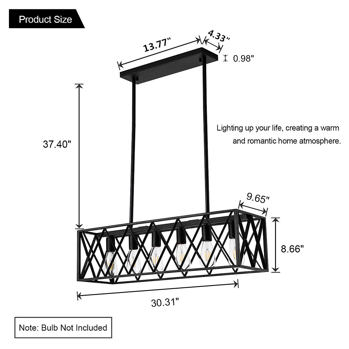 Pretoy Kitchen Island Pendant Lighting 6-Light Black Metal Industrial Bar Chandelier Fixtures Vintage Hanging Farmhouse Rectangle Linear Chandelier for Dining Room Living Room