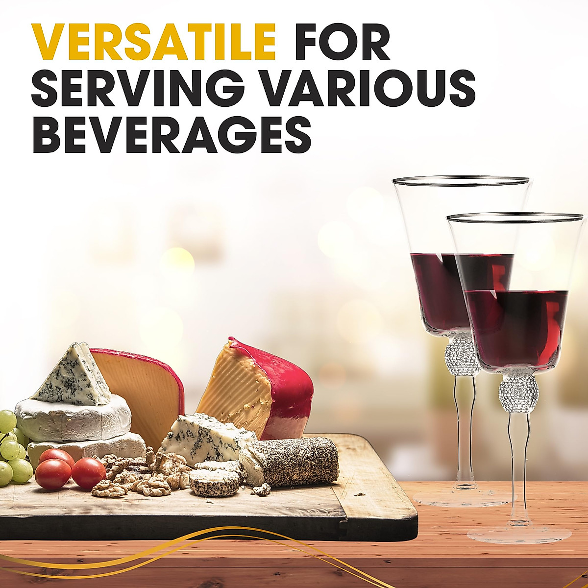 BERKWARE Premium Wine Glasses Set of 2 - Crystal Long Stem Wine Glass Goblet with Silver Rim & Rhinestone Design - 14.7 oz