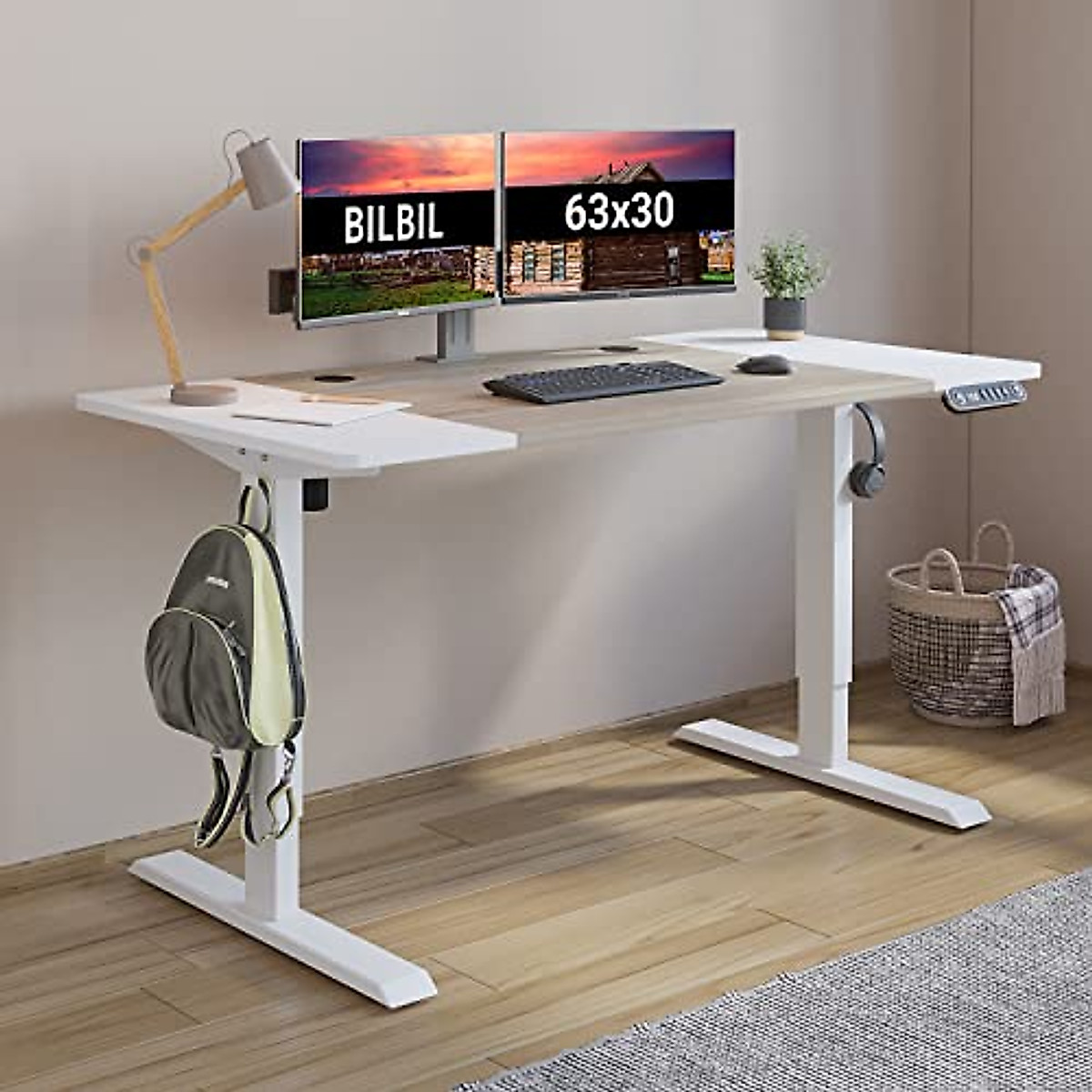 bilbil 63 x 30 Inches Electric Standing Desk, Height Adjustable Sit Stand Table with Splice Board, Stand up Home Office Desk, White Frame/Oak and White Top