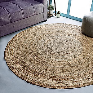 Hausattire Hand Woven Jute Braided Rug, 4' Round - Natural, Reversible Area Rugs for Living Room, Kitchen, 4 Feet Round