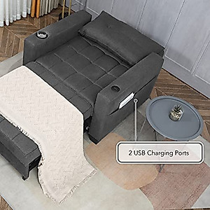 DURASPACE Futon Chair Bed Convertible Chair 3-in-1 Pull Out Sleeper Chair Beds with USB Ports, Armchair Bed Sleeper for Living Room (Dark Gray)