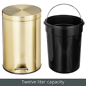 mDesign Tall 3.2 Gallon/12 Liter Round Metal Step Trash Can Wastebasket, Garbage Container Bin fo Kitchen, Bathroom, Home - Removable Liner Bucket - Soft Brass