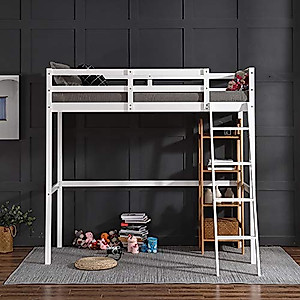 JOYMOR High Loft Bed Frame Twin Wooden Loft Bed for Kids, Junior, Teens, Adults Single Bed, No Box Spring Needed,White