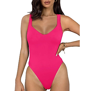 REORIA Women's Summer Sexy Casual V Neck Racer Back Double Lined Seamless Sleeveless Slimming One Piece Leotards Going Out Trendy Tank Top Thong Bodysuits Neon Rose Red Medium