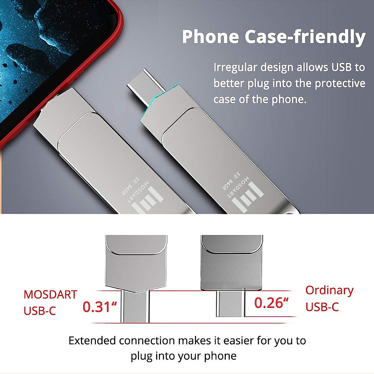 MOSDART 64GB Fast USB C Flash Drive 2 in 1 OTG USB C to USB A 3.1 Dual Thumb Drive Metal Memory Stick for USB-C Android Phones, iPhone 15, MacBook, iPad, Computers and More, Silver
