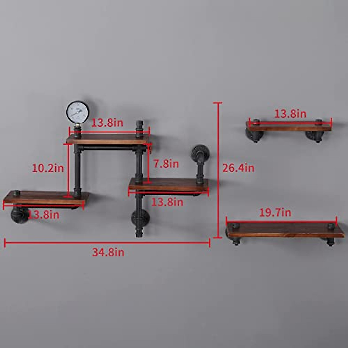 SSS Furniture Industrial Floating Pipe Wall Shelves Rustic Wood Shelving, 5 Layer Pipe Design Bookshelf DIY Shelving for Living Room Bathroom Farmhouse Bar Industrial Decor