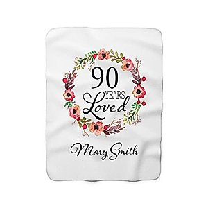 Personalized 90th Birthday Gifts for Women - 90 Year Old Female - 90 Years Loved Throw Blankets for Her Mom Grandma Sherpa Fleece Blanket