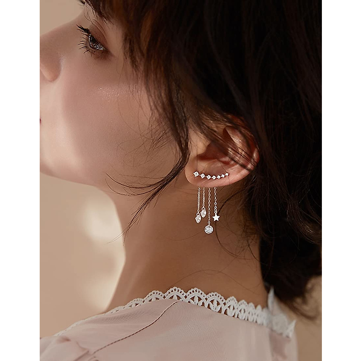 SLUYNZ 925 Sterling Silver 7 Crystals Cuff Earrings Tassell Chain for Women CZ Crawler Earrings Chain Climber Earrings (A-Silver)