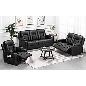 COMHOMA Recline Chair Set，Furniture 3PC Bonded Leather Recliner Set Living Room Set, Sofa with massger(Black, 3+2+1)