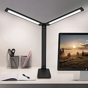 YUNSOVA LED Desk Lamp for Home Office, Double Head Desk Light, 5 Color Modes , 6 Brightness Levels, Touch Control, USB Charging Port, Auto Timer, Eye-Caring dimmable Table Lamp for Reading Study