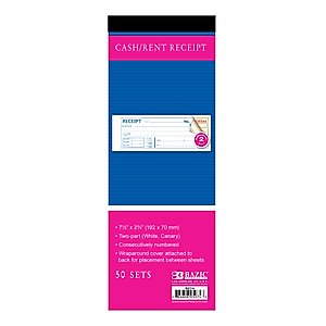 BAZIC Cash Money or Rent Receipt Book, 50 Sets 7 1/2" x 2 3/4" 2-Part Carbonless, White & Canary, Bound Wraparound Cover (50 Sets/Pack), 1-Pack