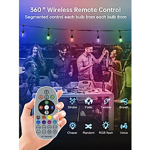 48FT Color Changing Outdoor String Lights, Commercial Grade with Music Sync Remote and 15 Shatterproof LED Edison Bulbs Dimmable Patio String for Christmas Holidays, Illuminate Your Space