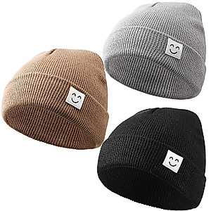 Coume 3 Pcs Baby Beanie Knitted Hats Toddler Kids Beanie Caps Soft Warm Baby Knit Winter Hat Smile Face Knitted Baby Beanie (Coffee, Gray, Black)