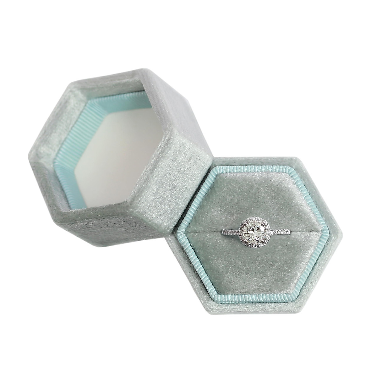 BLUTETE Hexagon Velvet Jewelry Single Slot Ring Box Engagement Wedding Box Keepsake Box Bridal Photo Ring (Sage Green)