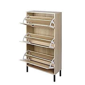 Yoluckea Rattan Shoe Cabinet, Shoe Cabinet Rack with Natural Rattan Weave Doors Design and 3 Flip Down Drawers, Narrow Shoe Cabinet with Metal Legs, Freestanding Wood Shoe Organizer (Light Brown2)
